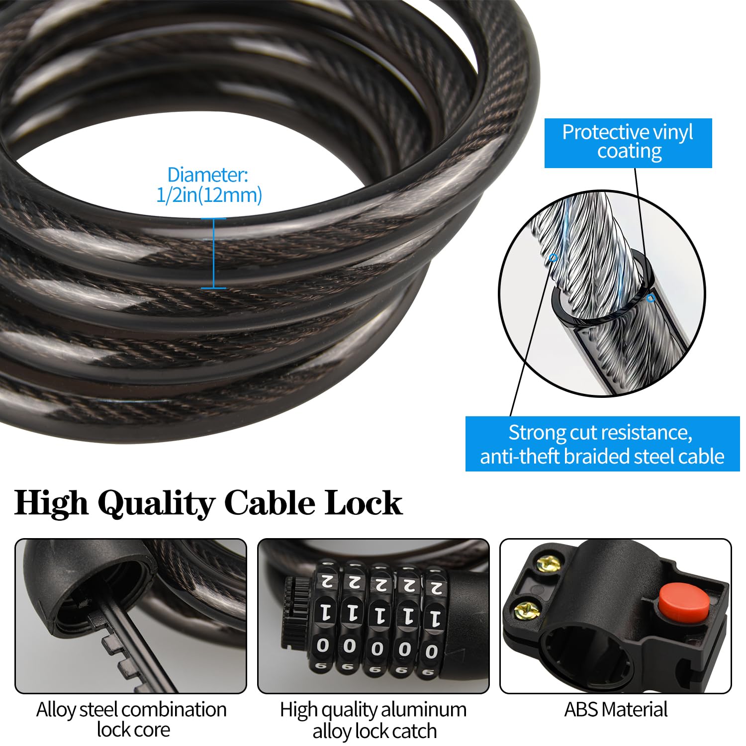 Bike Lock Cable, 1/2/4pcs 4ft Combination Bicycle Lock with Mounting Bracket, High Security 5 Digit Resettable Coiling Bicycle Lock, 5 Colors Anti Theft Cable Locks for Bike(1pcs, Black)