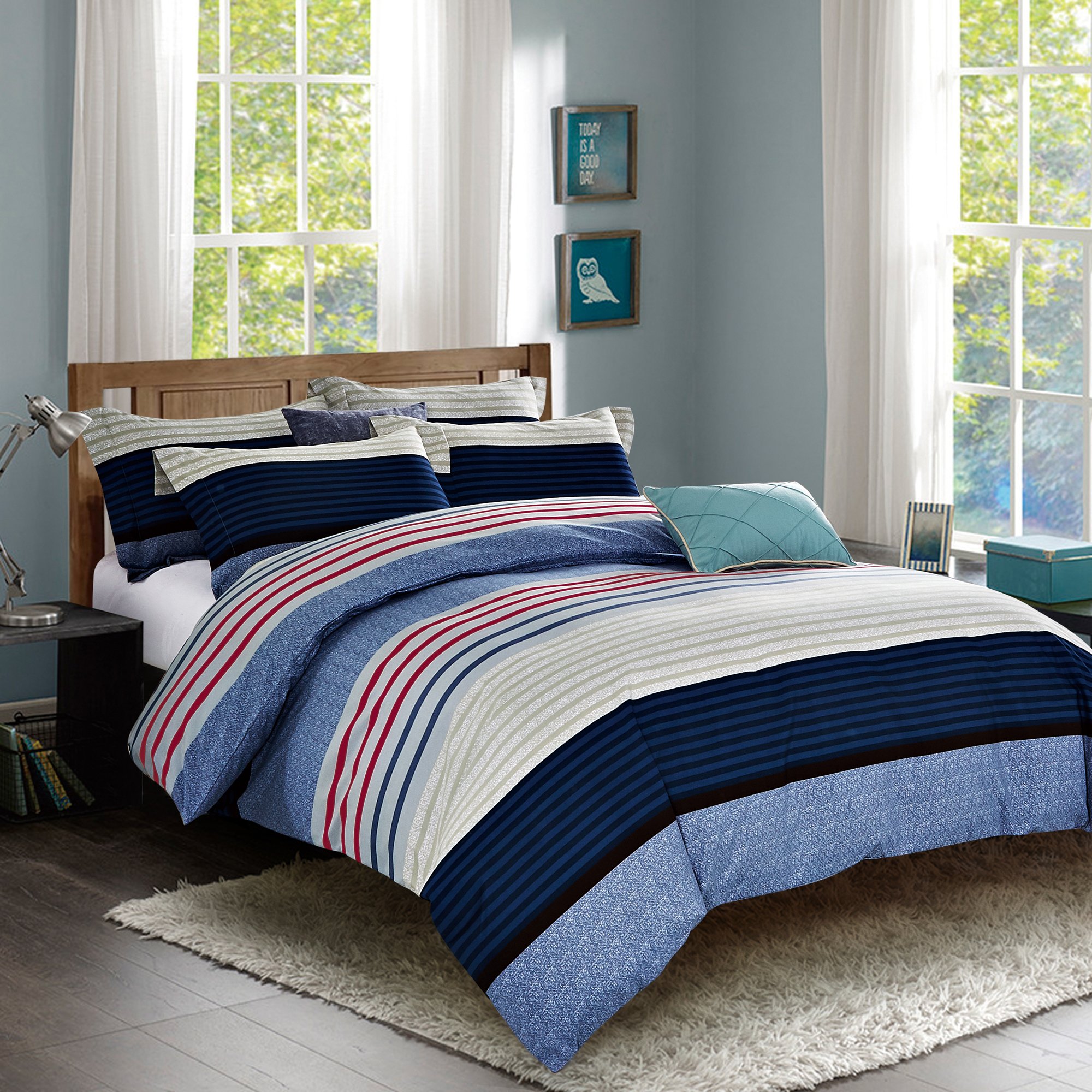 DelbouTree Striped Duvet Cover Set,Printed Pattern Comforter Cover,Microfiber Quilt Cover,Zipper Closure,Corner Ties,Queen
