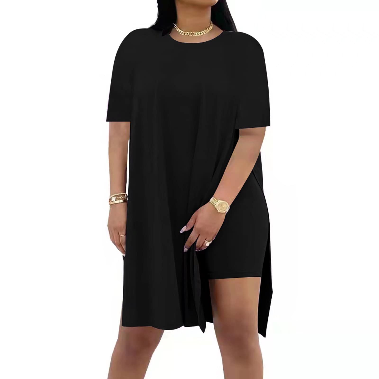 AXOSY Women Plus Size 2 Piece Outfits Short Sleeve Tunic Tops and Skinny Biker Shorts Sets Tracksuits Black,3X-Large