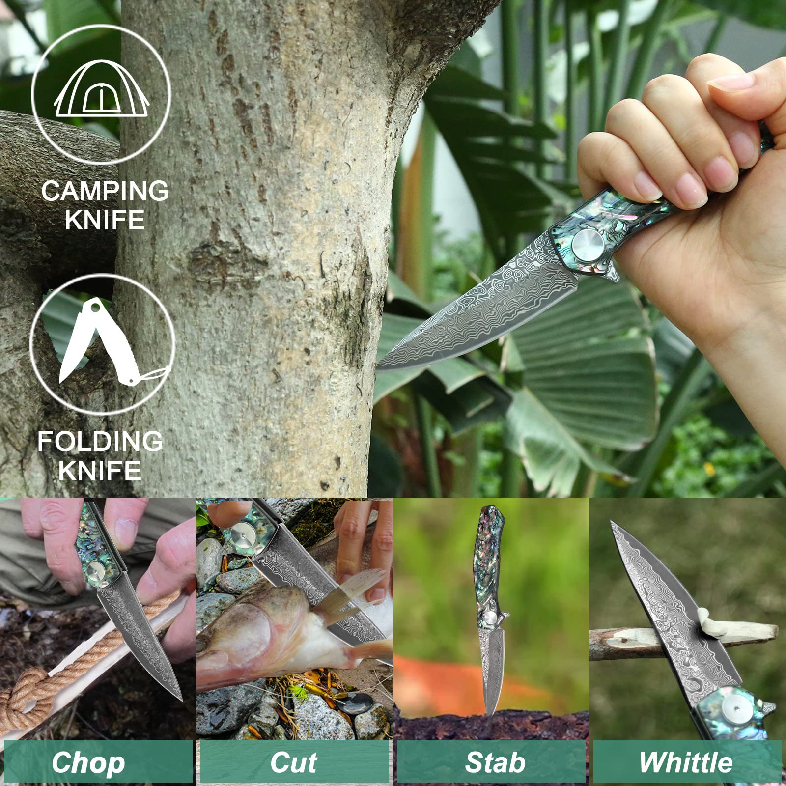 Benkey VG10 Damascus Abalone Seashells Pocket Knife and VG10 Damascus Camping Pocket Knife Bundles