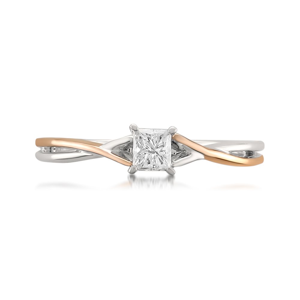 Beyond Brilliance 1/4 Carat, 14K Two-Tone Rose & White Gold with Rhodium Princess Cut Diamond Engagement Ring (I-J, I1-I2), Size 7 | Natural Diamond Engagement Ring for Women