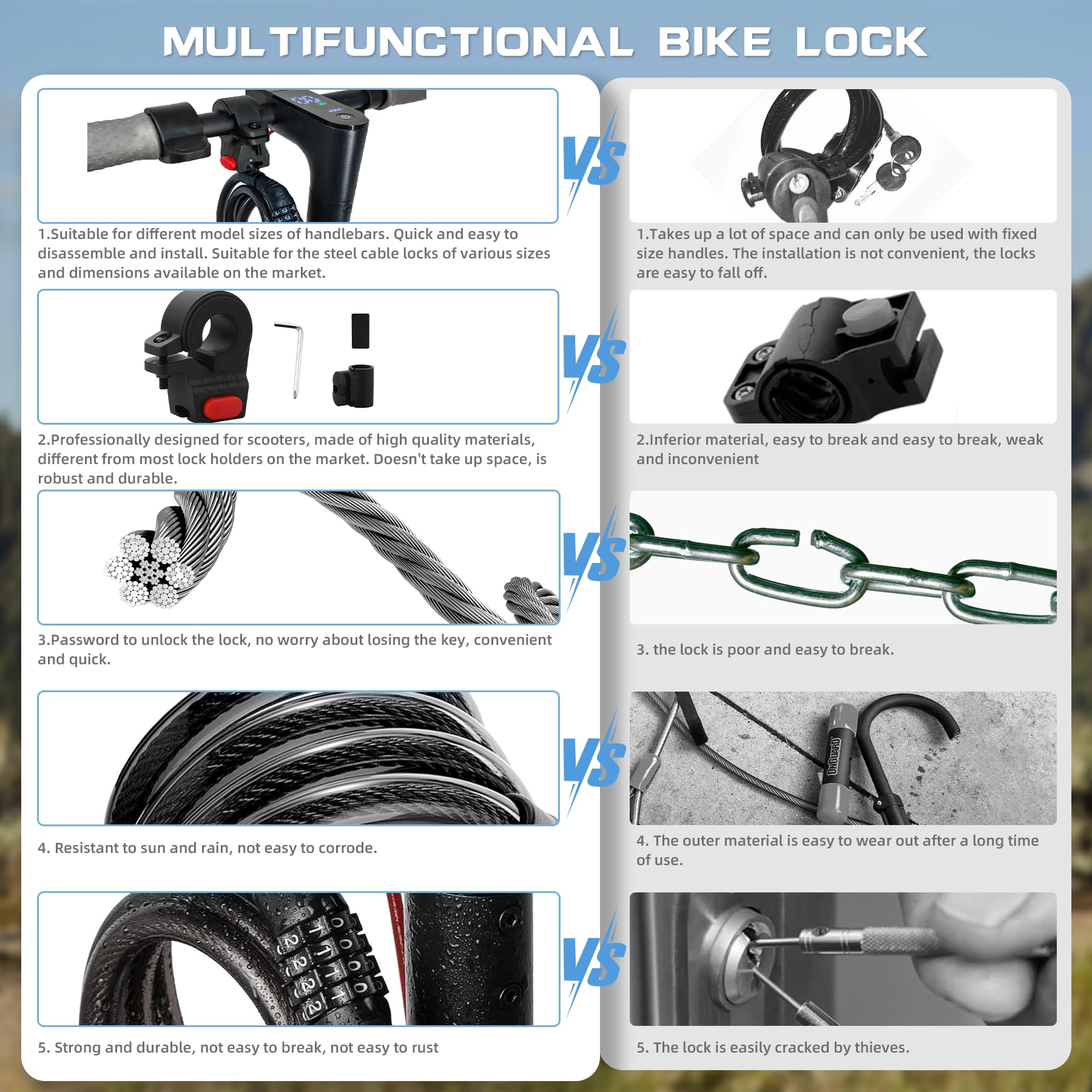 Bike Lock, E Scooter Lock 4-Digit Bike Combination Lock Compatible with Xiaomi M365/Pro2/Max/Ninebot/F Essential Scooter/Bicycle/Motor Lock Anti-Theft Ideal Lock 4ft Long with 12 Steel Bicycle Lock