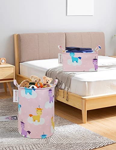QUEENLALA Large Storage Basket,Laundry Hamper/Bathroom/Home Decor/Collapsible Round Storage Bin,Boys and Girls Hamper/Boxes/Clothing(Round-Rec-Pink Unicorn)