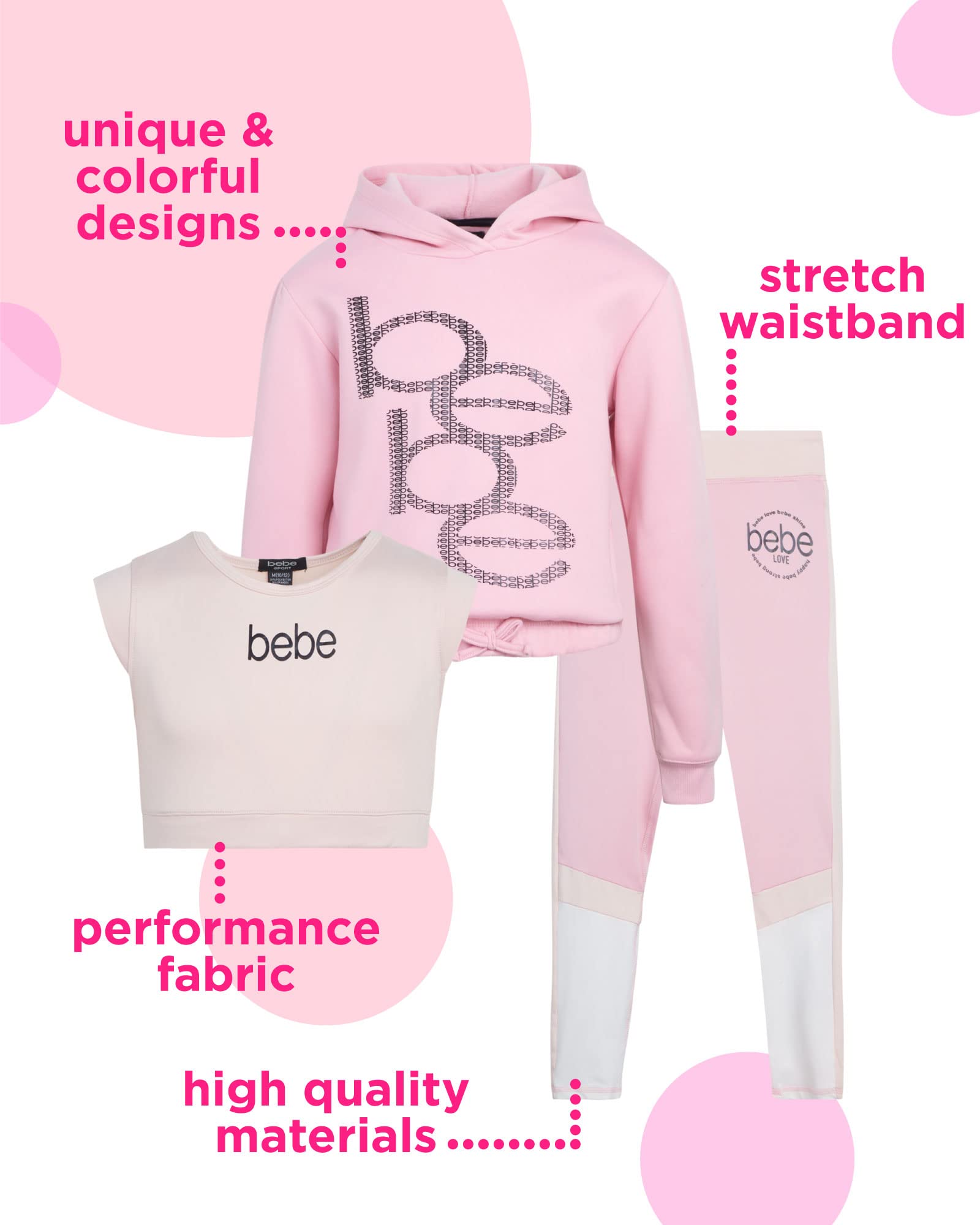 bebe Girls' Workout Set - 3 Piece Performance Fleece Sweatshirt, Leggings, and Sports Training Bralette Set (7-12), Size 10-12, Orchid