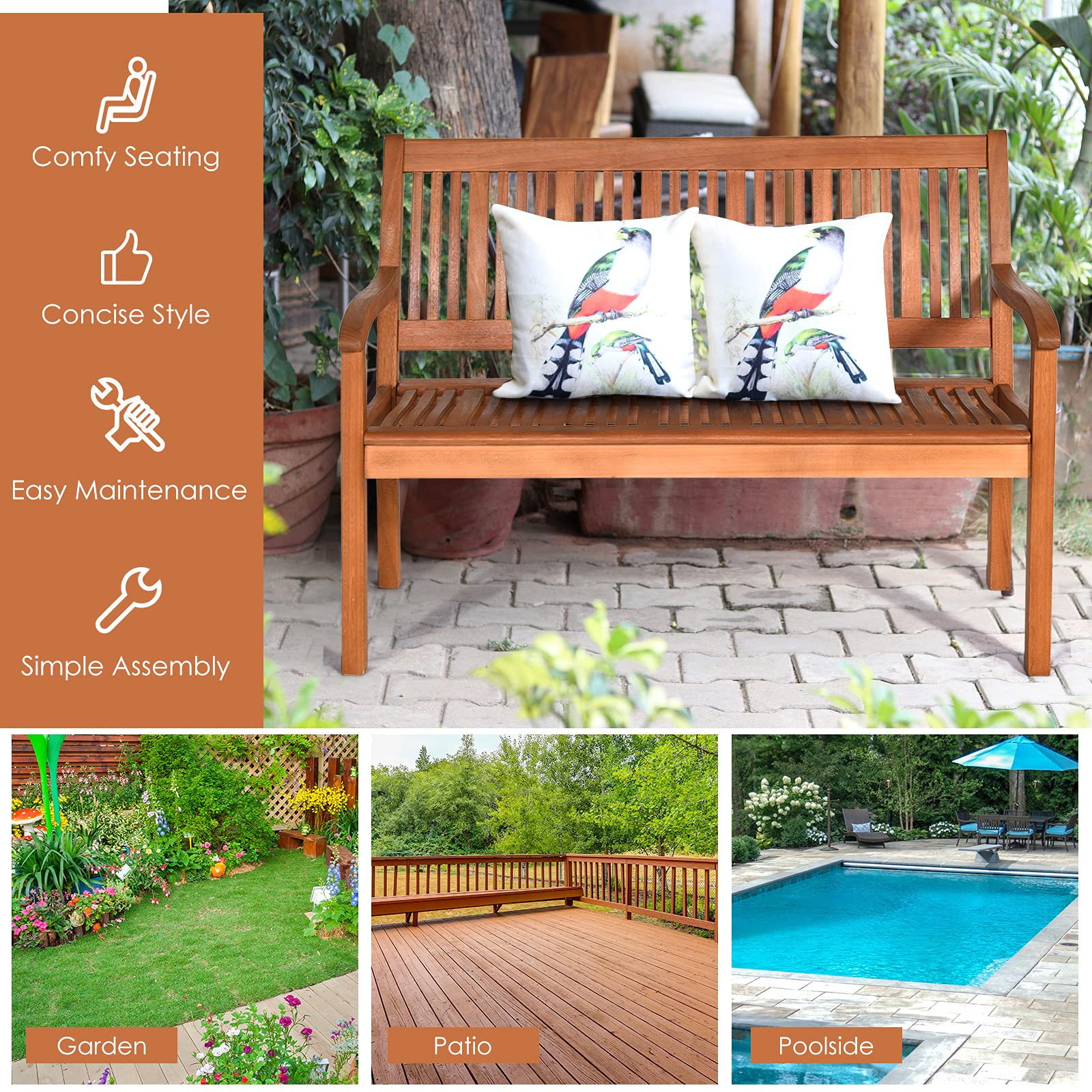 DORTALA 50'' Patio Wooden Bench, Eucalyptus Wood Loveseat with Ergonomic Backrest, Curved Armrests, Sloping Seat, Garden Slatted Bench, Ideal for Patio, Porch, Yard, Lawn, 705 lbs Weight Capacity