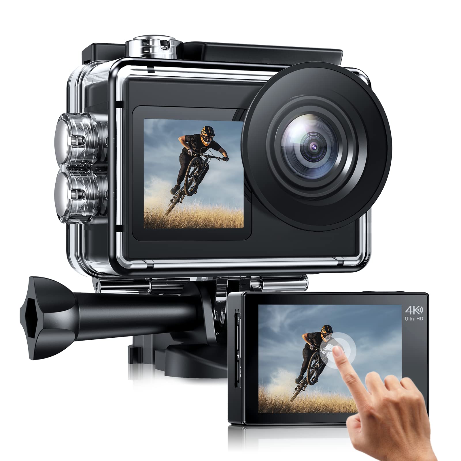 CAMWORLD Action Camera 4K 20MP Dual Screen Underwater Waterproof Camera with Touch Screen, EIS, Remote Control, Wi-Fi, Action Cam with 2 Batteries and Camera Accessories
