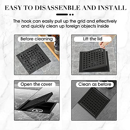 CIFOX 6 Inch Black Shower Drain Square with Flange Removable Quadrato Grid Pattern, Brushed 304 Stainless Steel, Includes Floor Drain Base Hair Strainer, Watermark&CUPC Certified, Matte Black
