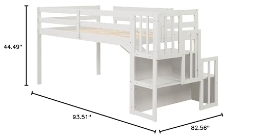 DEYOBED Low Loft Bed with Stairs and Slide - Wood Twin Bed Frame for Kids - Ideal for Boys and Girls - White