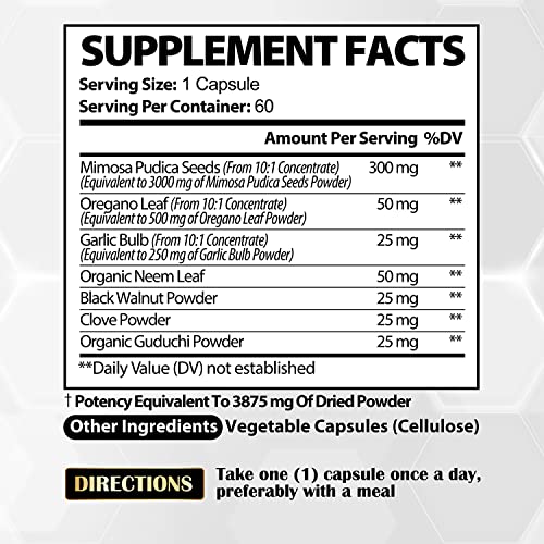 Natural Mimosa Pudica Seed Capsules - 7 Herbs - Equivalent to 3875mg with Oregano, Garlic, Neem Leaf, Black Walnut Powder, Clove Powder, Guduchi Powder - 1 Pack 60 Capsules for 2 Months