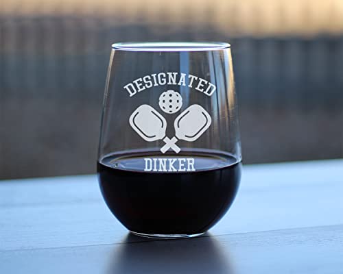 Designated Dinker - Stemless Wine Glass - Funny Pickleball Themed Decor and Gifts - Large 17 Oz Glasses