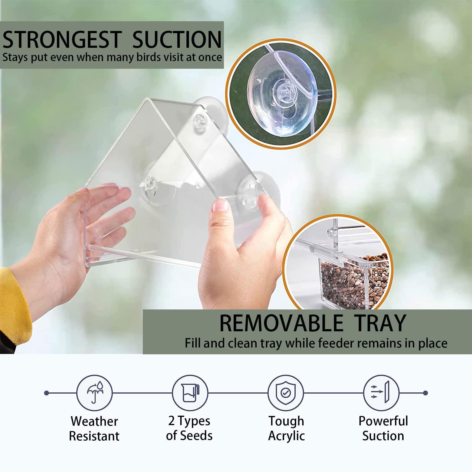 Clear Window Bird Feeder, Squirrel Proof with Strong Suction Cups Removable Sliding Seed Tray, Fits for Wild Birds. Best Gift