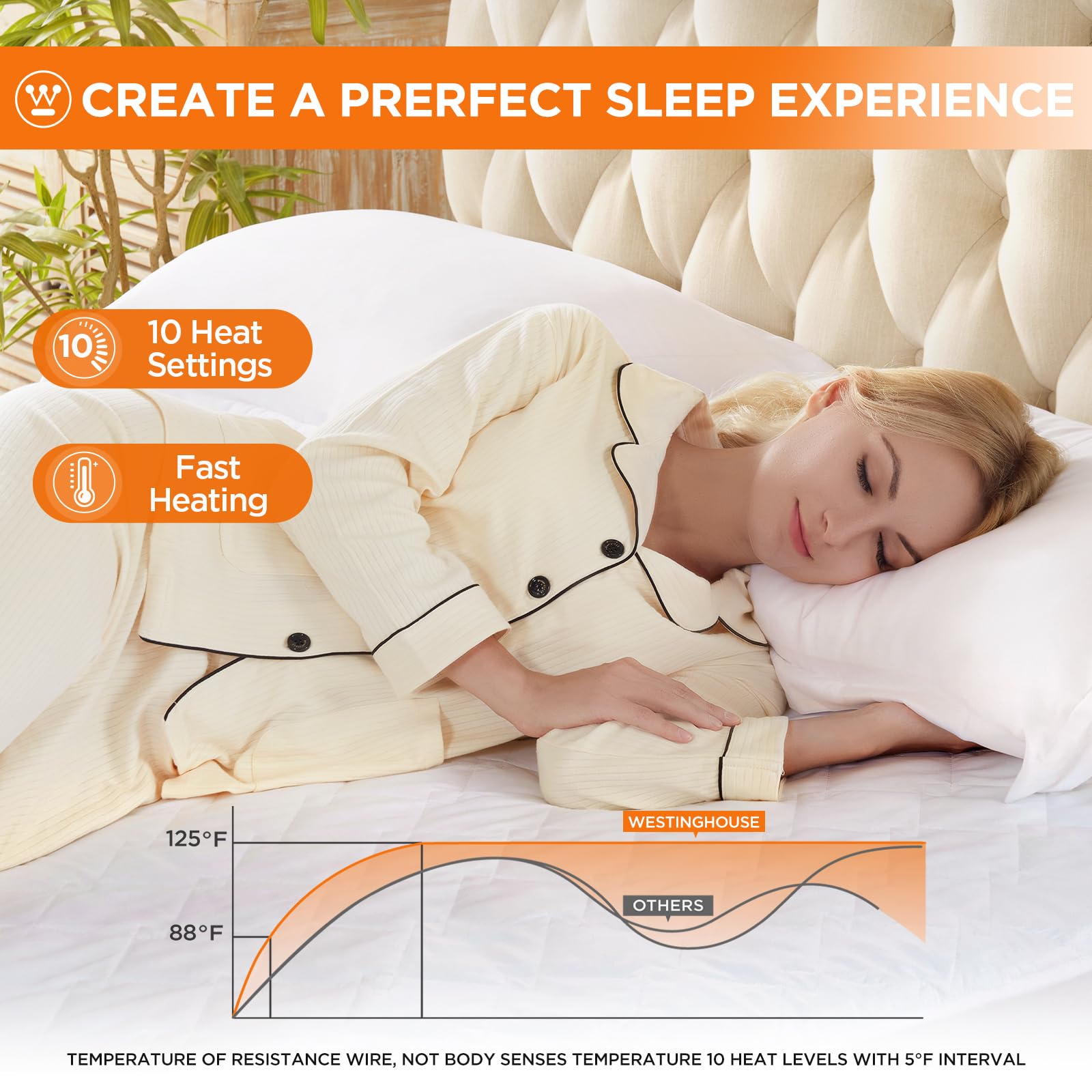 Westinghouse Heated Mattress Pad Queen, Comfortable Electric Mattress Pad with 10 Heating Settings & 1-12 Hours Auto Shut Off, Fit Up to 17" Deep Pocket, Queen Size 60"x80"
