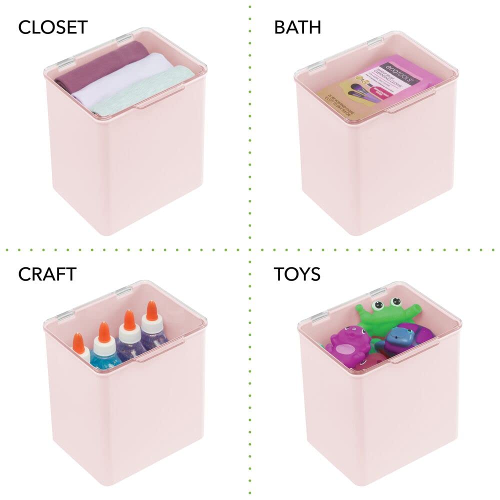 mDesign Plastic Stackable Box Household Storage Container with Attached Hinged Lid - Organizer for Entryway, Mudroom, Closet, Kitchen, Bathroom, Garage Kid's Room, Craft, 4 Pack - Light Pink/Clear
