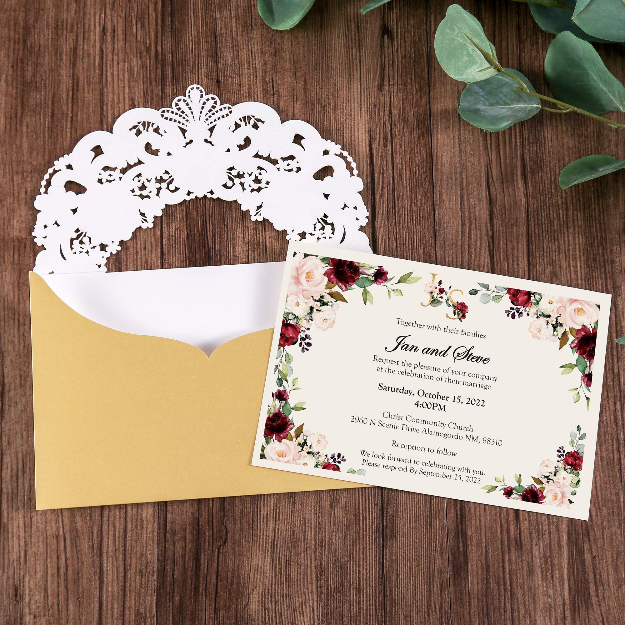 DORIS HOME 50pcs Gold BLANK Laser Cut Flora Lace invitation Cards with Envelopes for Wedding Invitations, Bridal Shower, Engagement, Birthday, Bachelorette Party, Baby Shower