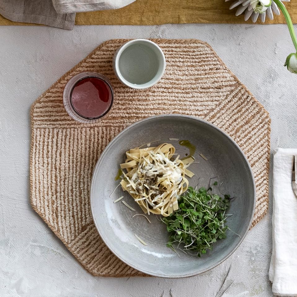 Bloomingville 15 Inches Cotton and Jute Embroidered Octagon Shaped, Natural and White Placemat