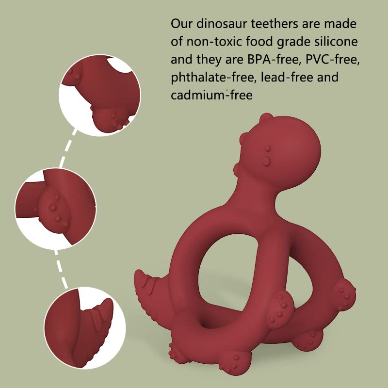 BIGSPINACH 3D Dinosaur Chew Teething Rings for Babies 0-24 Months with Pacifier Clip, Bpa Free Food Grade Silicone Teething Toys, Hand Teethers for Babies (Beige)
