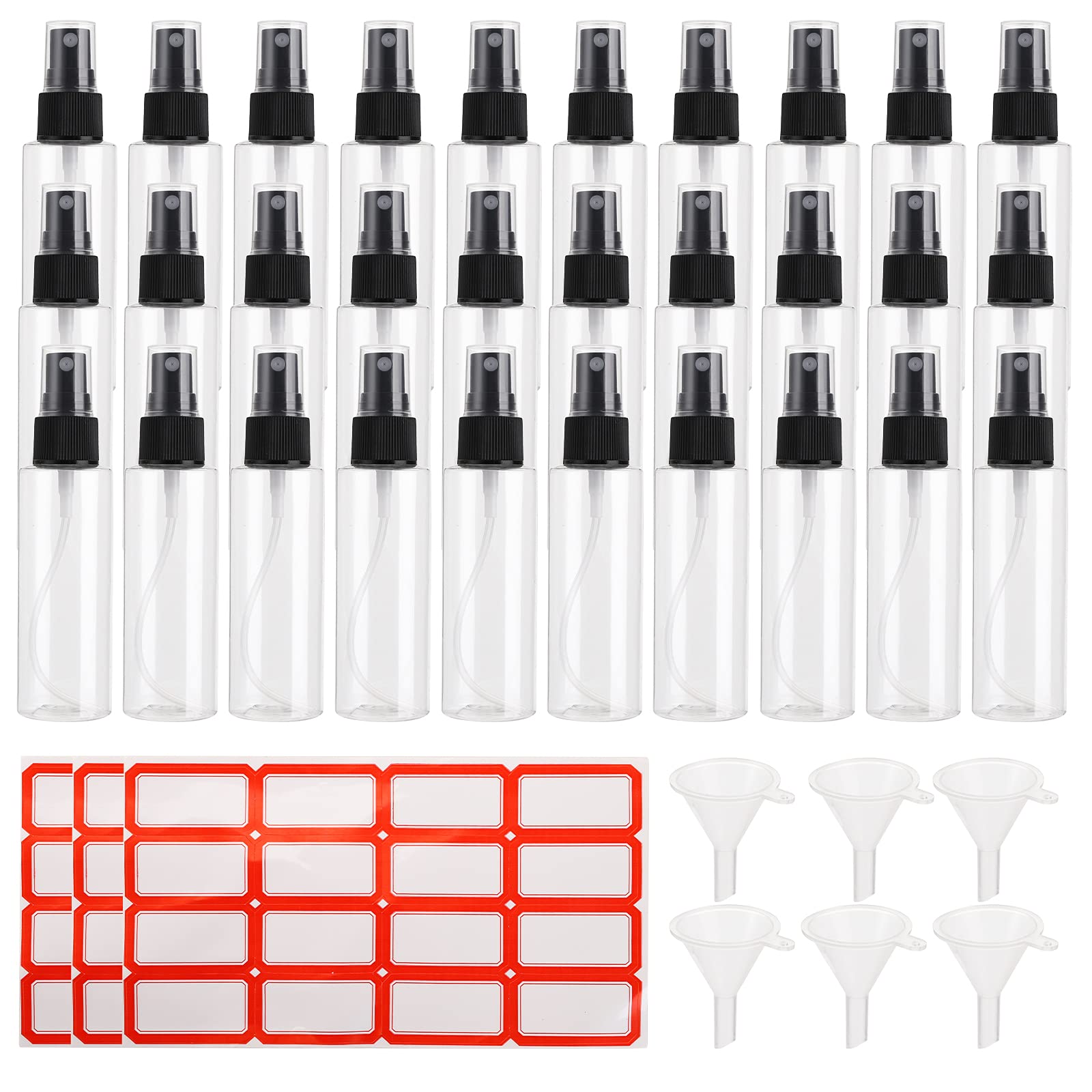 Bekith 30 Pack 2 oz Clear PET Spray Bottles with Black Fine Mist Sprayer for Essential Oils, Travel, Perfumes, Reusable Empty Liquid Containers with 6pcs Funnels and 48pcs Labels