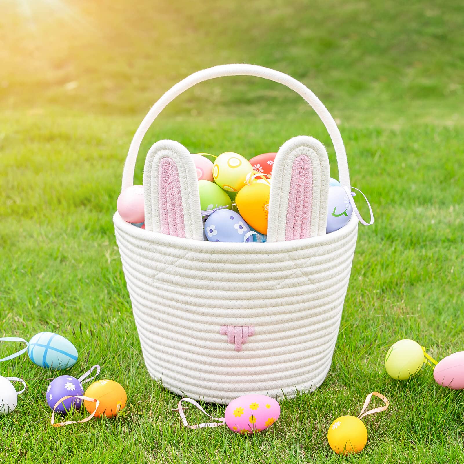 CubesLand Easter Bunny Basket Easter Buckets for Kids with Ear, Easter Egg Hunt Basket Bags Easter Gifts for Girls Baby Kids Children Pink White 9.8 x 7.8 x 7.8β