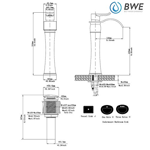 BWE Vessel Sink Faucet Oil Rubbed Bronze Farmhouse Waterfall Single Hole Bathroom Faucet with Pop Up Drain Without Overflow and Supply Line Bath Basin Single Handle Faucets Sink Lavatory Mixer Tap
