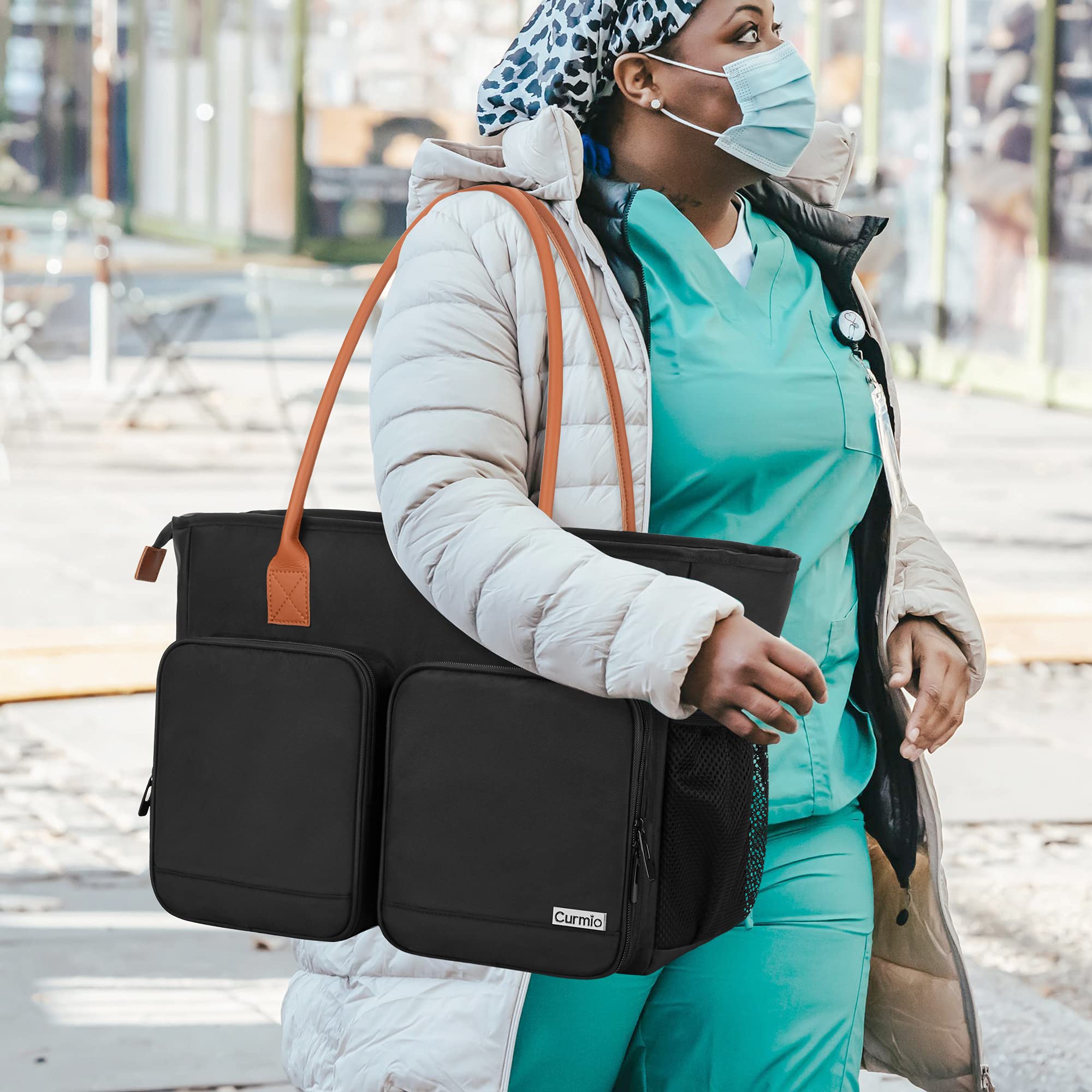 CURMIO Nurse Tote Bag, Portable Medical Bag with Padded Laptop Sleeve for Nursing Work, Home Visits, Health Service, Black (Bag Only)