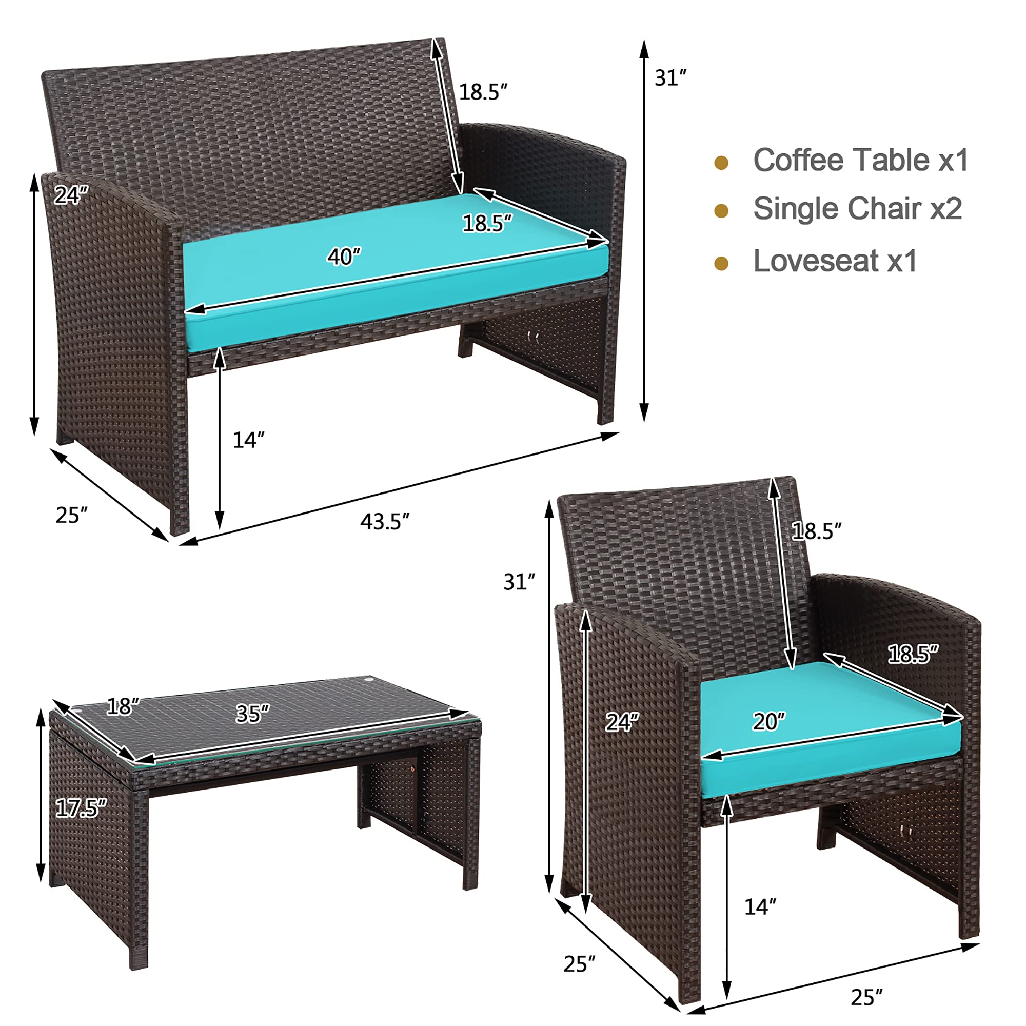 DORTALA 4 Pieces Wicker Patio Furniture Set, Outdoor PE Rattan Conversation Set with Chairs, Loveseat, Coffee Table, Cushions for Poolside, Turquoise