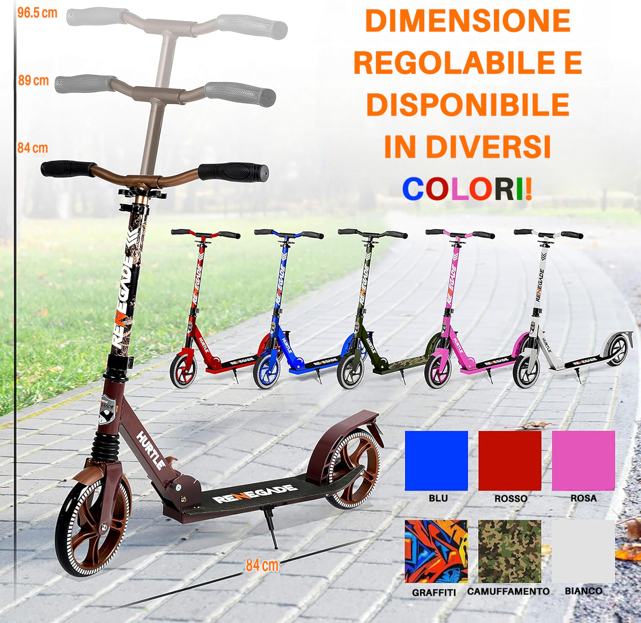 Hurtle Renegade Kick Scooters for Kids Teenagers Adults- 2 Wheel Kids Scooter with Adjustable T-Bar Handlebar - Alloy Anti-Slip Deck - Portable Folding Scooters for Kids with Carrying Strap
