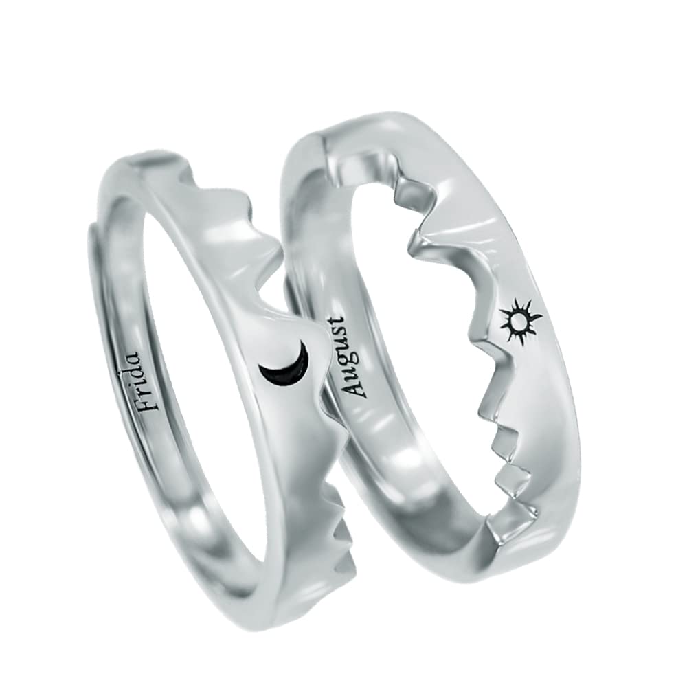 BEOTIMOO 925 Sterling Silver Personalized Matching Rings for Couple Sun Moon Promise Bands Set for Her Him Adjustable Custom Engraved Engagement Wedding Ring