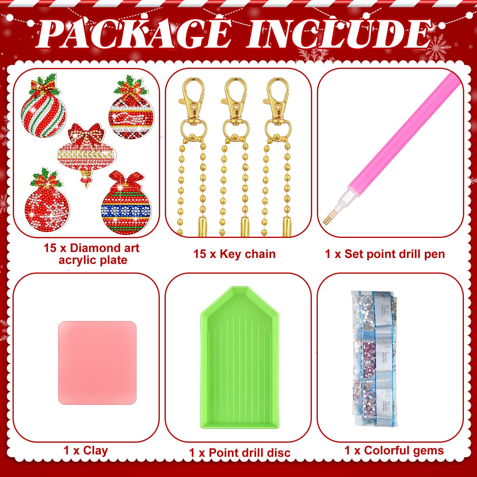BBTO 15 Christmas Diamond Painted Keychains Art Ornaments 5D DIY Red Christmas Ball Patterns for Children's DIY Crafts