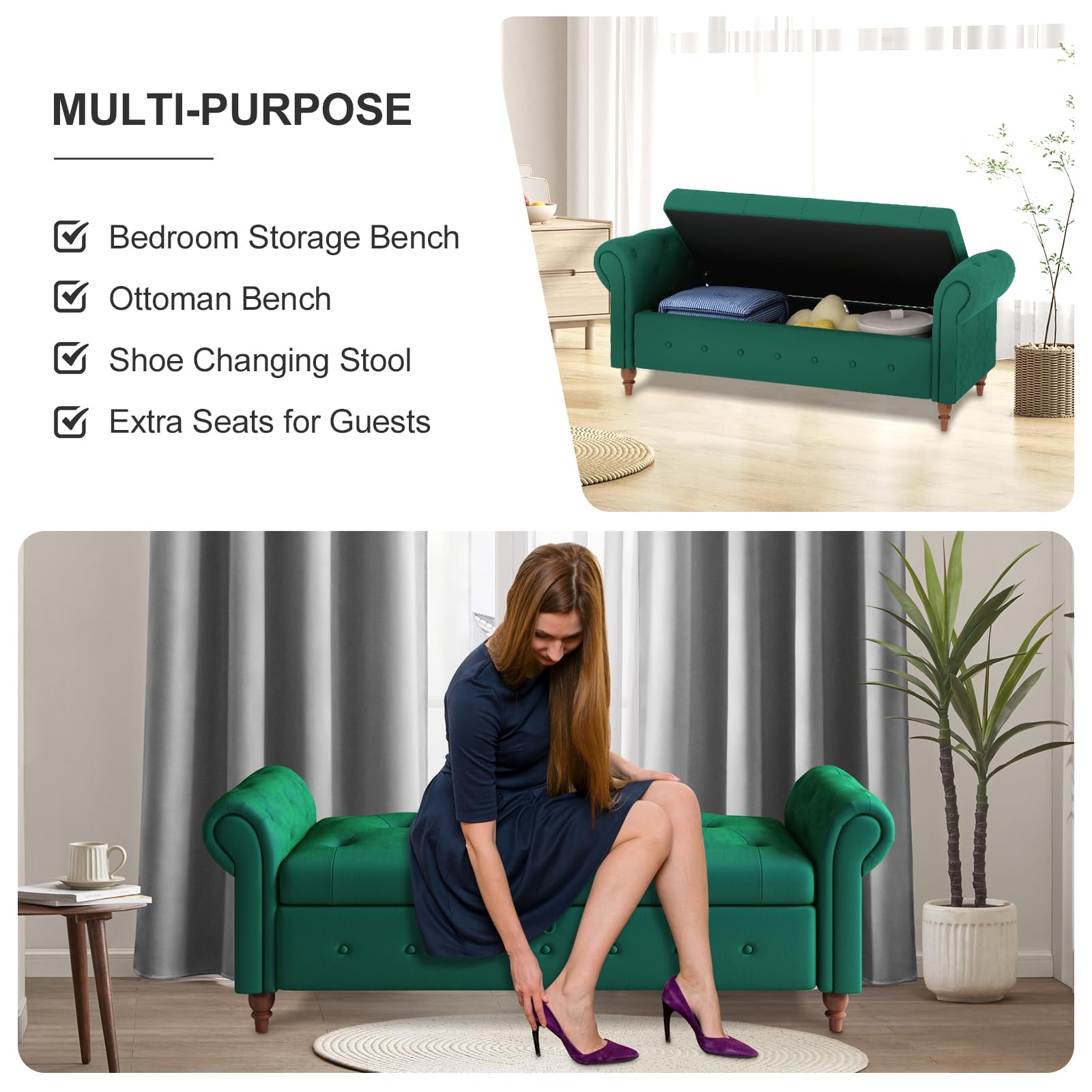 ayoodfo Storage Bench for Bedroom End of Bed, 63" Button Tufted Ottoman Bench, Rolled Armed Couch Long Bench Upholstered Window Bench for Bedroom, Living Room, Entryway, Dark Green