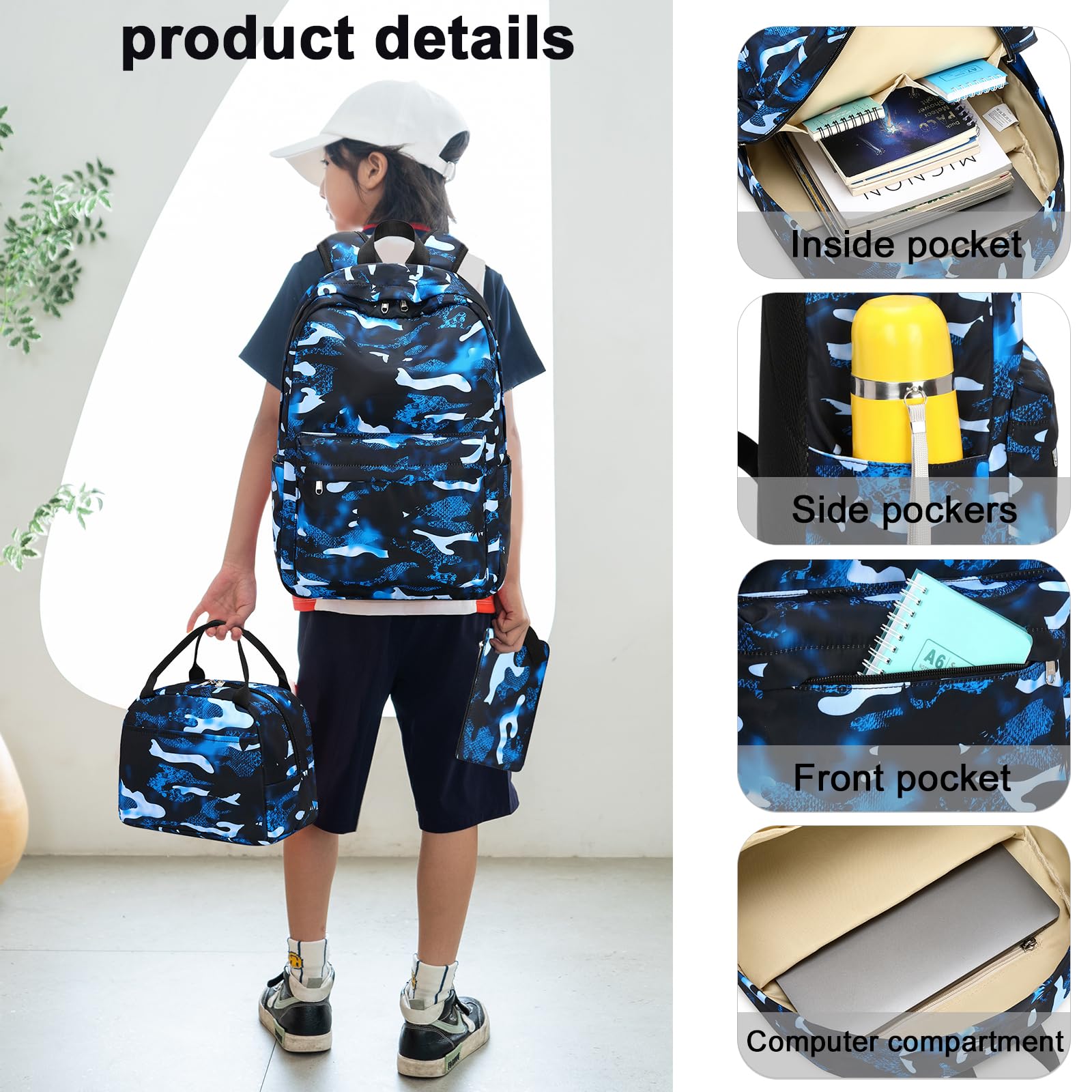 Bluboon School Backpack for Boys Teens Bookbag Travel Daypack Kids Lunch Bag Pencil Case (Camouflage-3pcs)