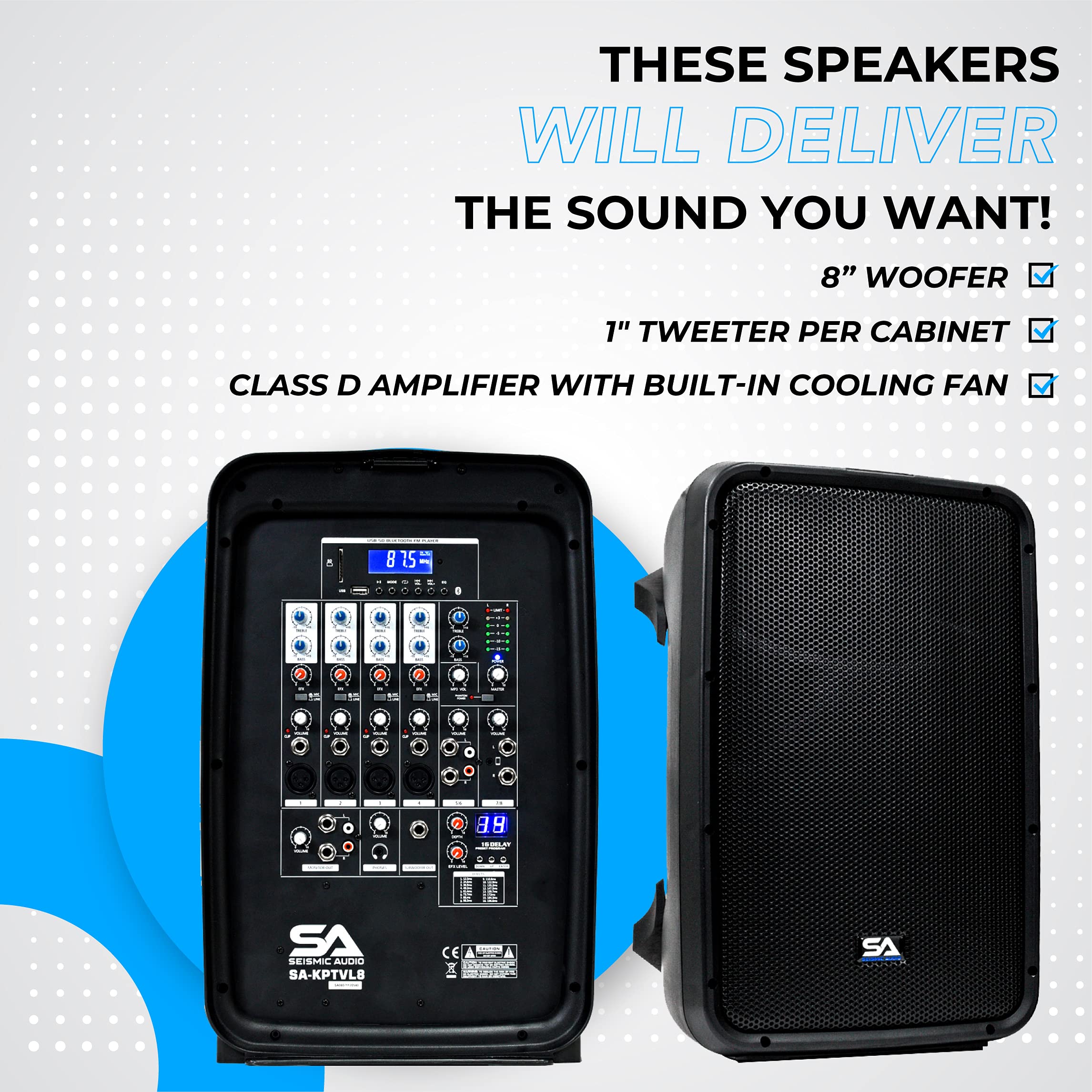Seismic Audio - SA-KPTVL8 - Portable 8 Channel 500 Watt 8 Inch PA/DJ Speaker & Amplifier System with Bluetooth