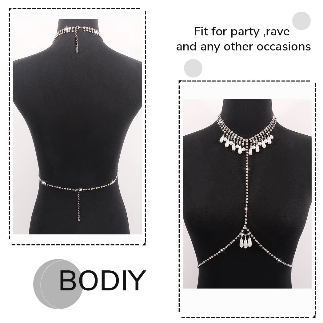 Bodiy Pearl Body Chain for Women Silver Crystal Chest Chain Tassel Sparkly Rhinestones Bikini Body Jewelry