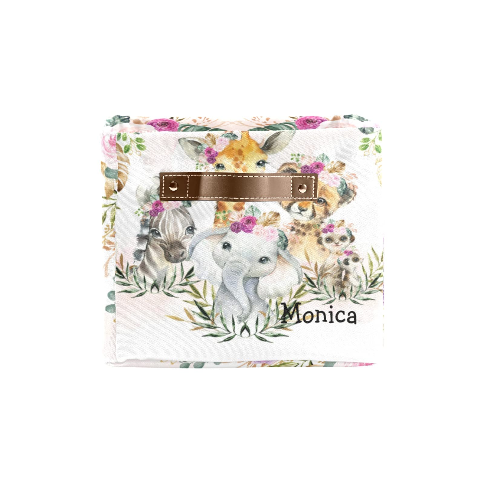 Boho Jungle Safari Animals Personalized Storage Bins,Foldable Baskets Organizer with Handle for Nursery Pet Toy Clothes Box 4 Packs