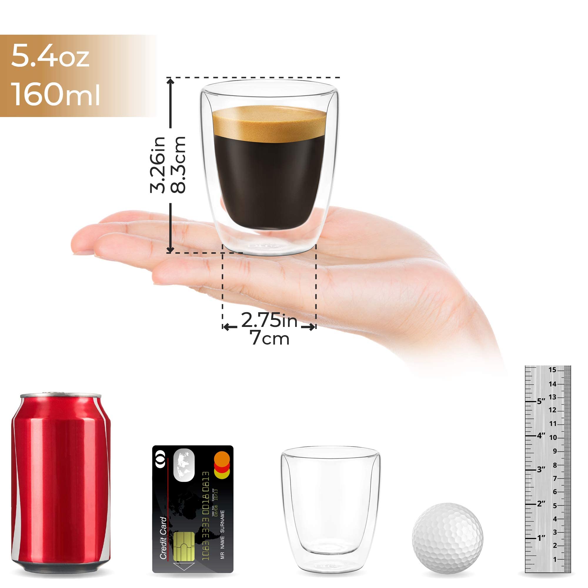 DLux Coffee Mugs, 5.4oz Latte Clear Glass Set of 2 Cups, Lungo Double Wall Insulated Borosilicate Glassware Cup - Wine, Tea Glasses