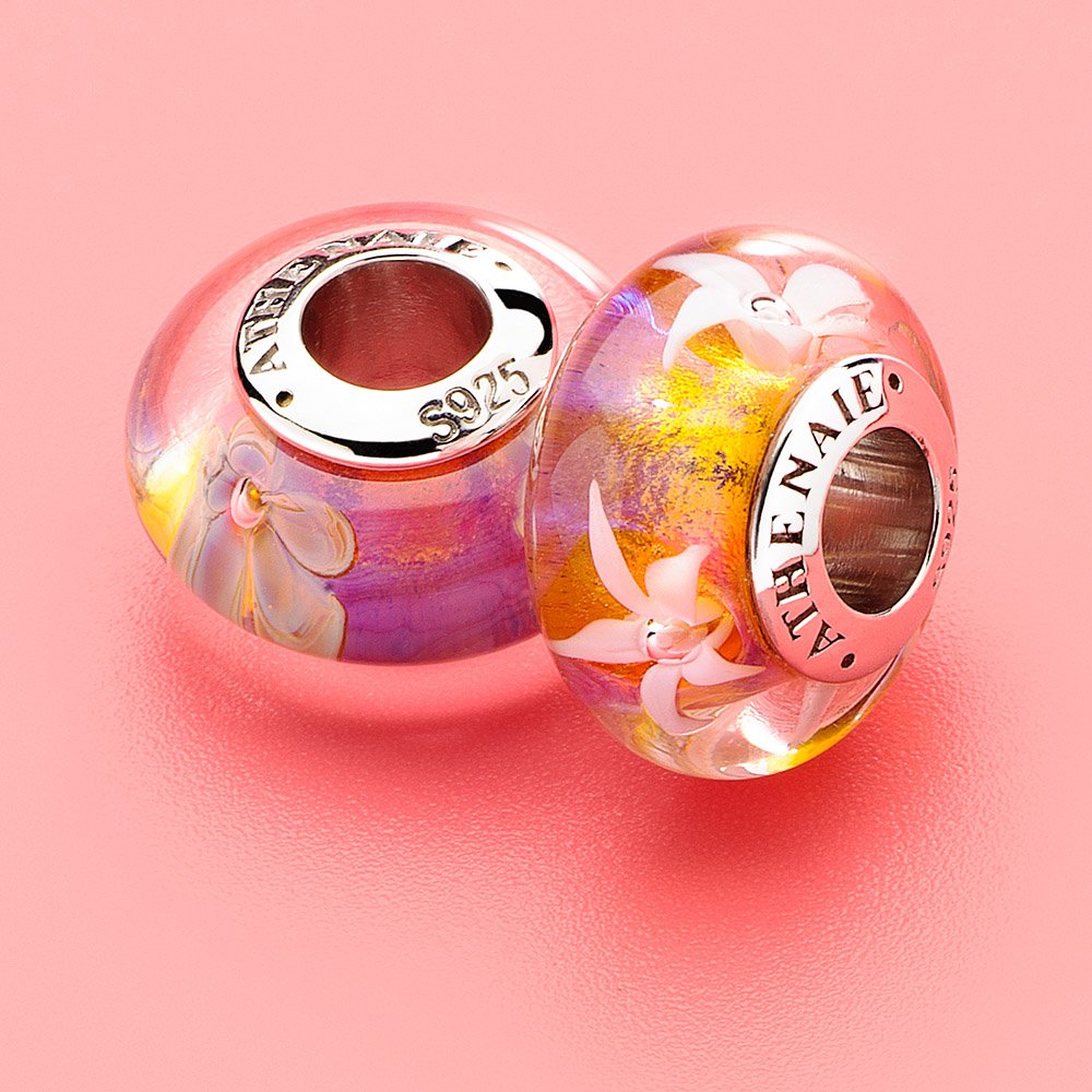 ATHENAIE Murano Glass 925 Silver Five-Petaled Flowers Charm Bead for Bracelet