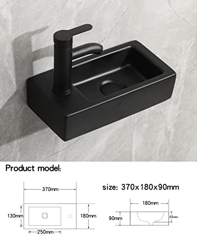 Black Bathroom Rectangle Wall Hung Porcelain Ceramic Small Sink Wash Art Basin with Overflow&Faucet for Cloakroom Lavatory Toilet (Left Hand)