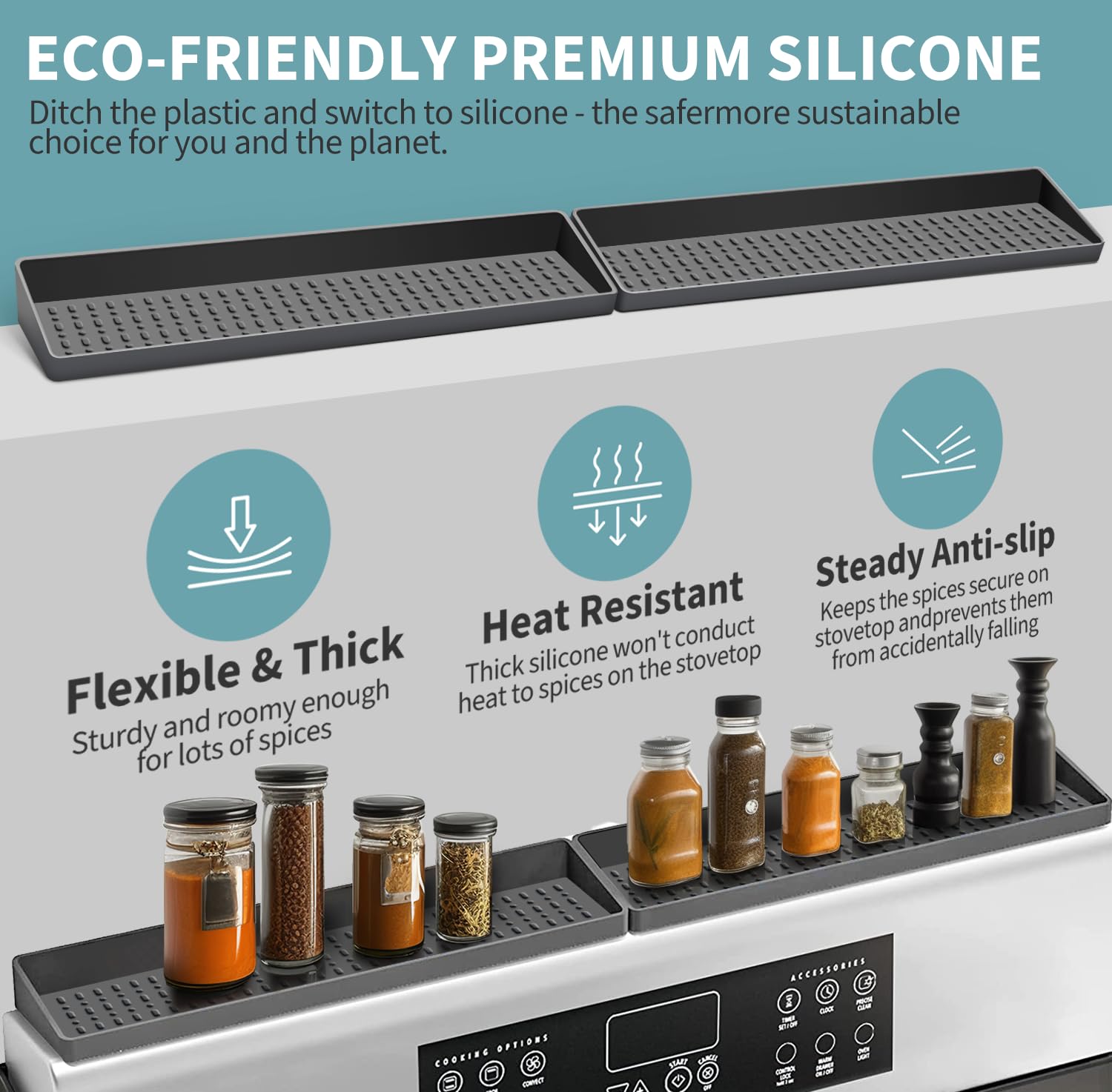 BFONS 30" Magnetic Stove Top Shelf Spice Rack Storage, Silicone Top Heat Material Stove Rack Seasoning Organizer Kitchen Gadgets Kitchen Organization(Grey)