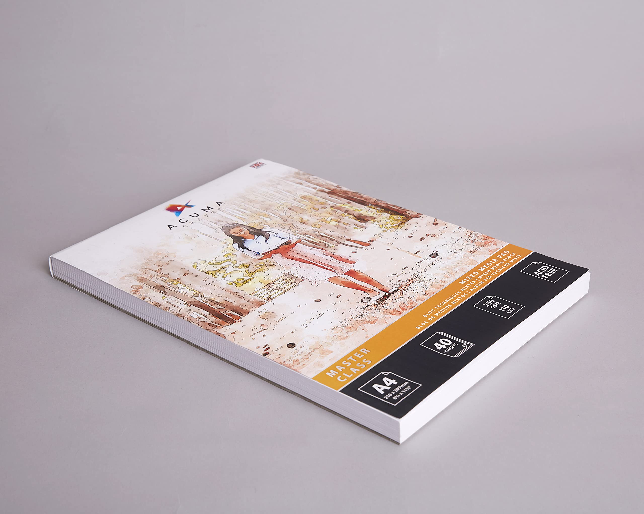 Mixed Media Paper Art Pad, 40 Sheets, A4 Size 110 lb/250 GSM, Glue Bound, Bleedproof, Acid Free, Cold Pressed for Artists Wet, Mixed Media Drawing and Techniques, Made in UK by Acuma Crafts