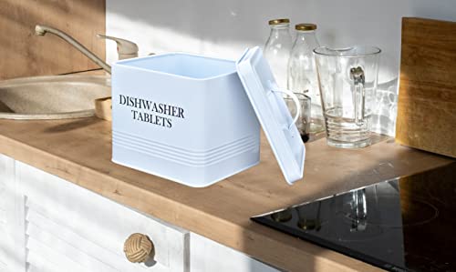 Metal Dishwasher Detergent Pods Containers -White Dish Washer Tablets with Lid for Kitchen Decor and Accessories