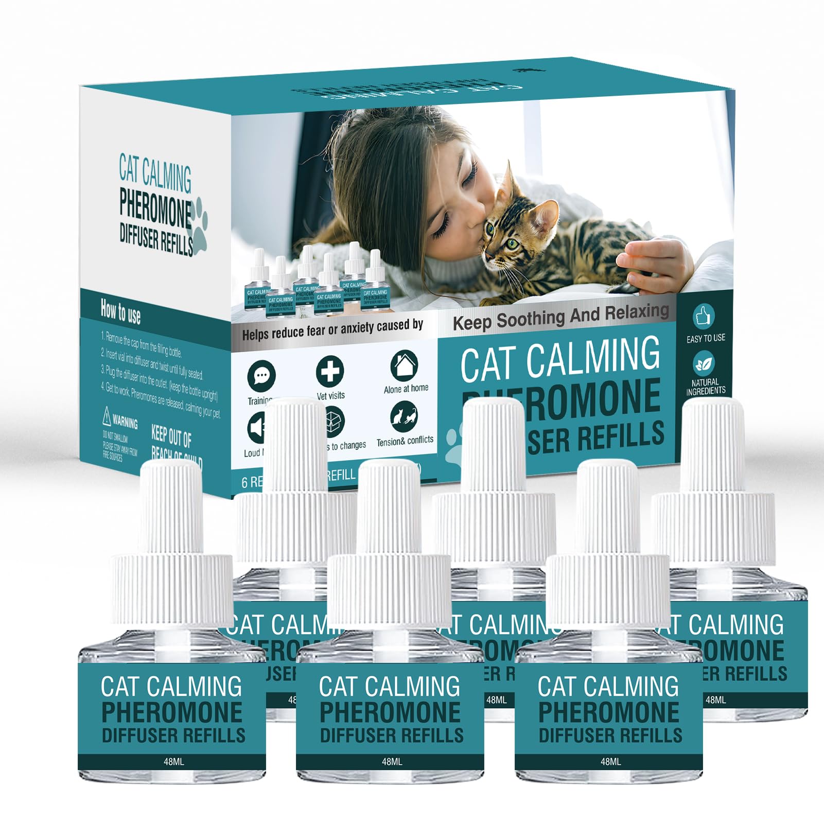 Cat Pheromones Calming Diffuser Refill 6 Pack Enhanced Pheromone Refills for Cats Effectively Relieve Anxiety Stress Reduce Fighting Spraying and Scratching 48ml Refill Fits Common Diffusers Plug In