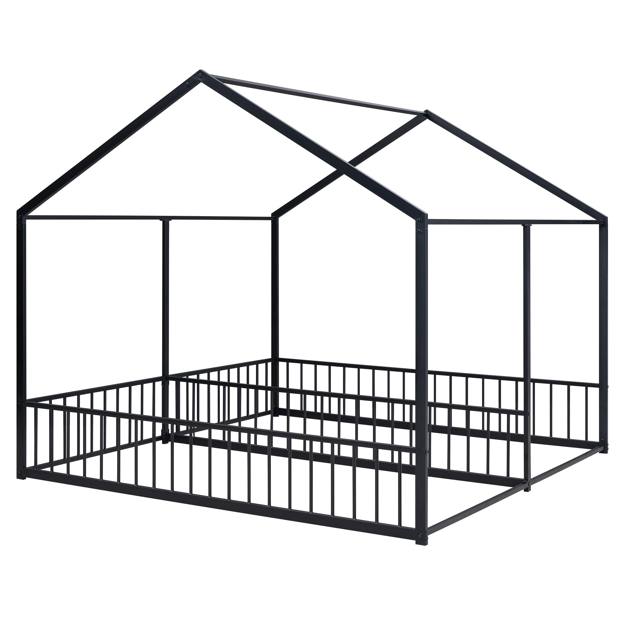 Double Floor Bed for Twins,Twin Size House Bed for 2 Kids,Two Shared Beds,Twin House Platform Beds,Metal Floor Bed Frame with Rails for Girls,Boys(Black)