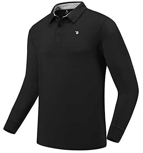BGOWATU Men's Golf Polo Shirts 3-Button Lightweight UPF 50+ Long Sleeve Stretch Athletic Casual Top (Black,XL)