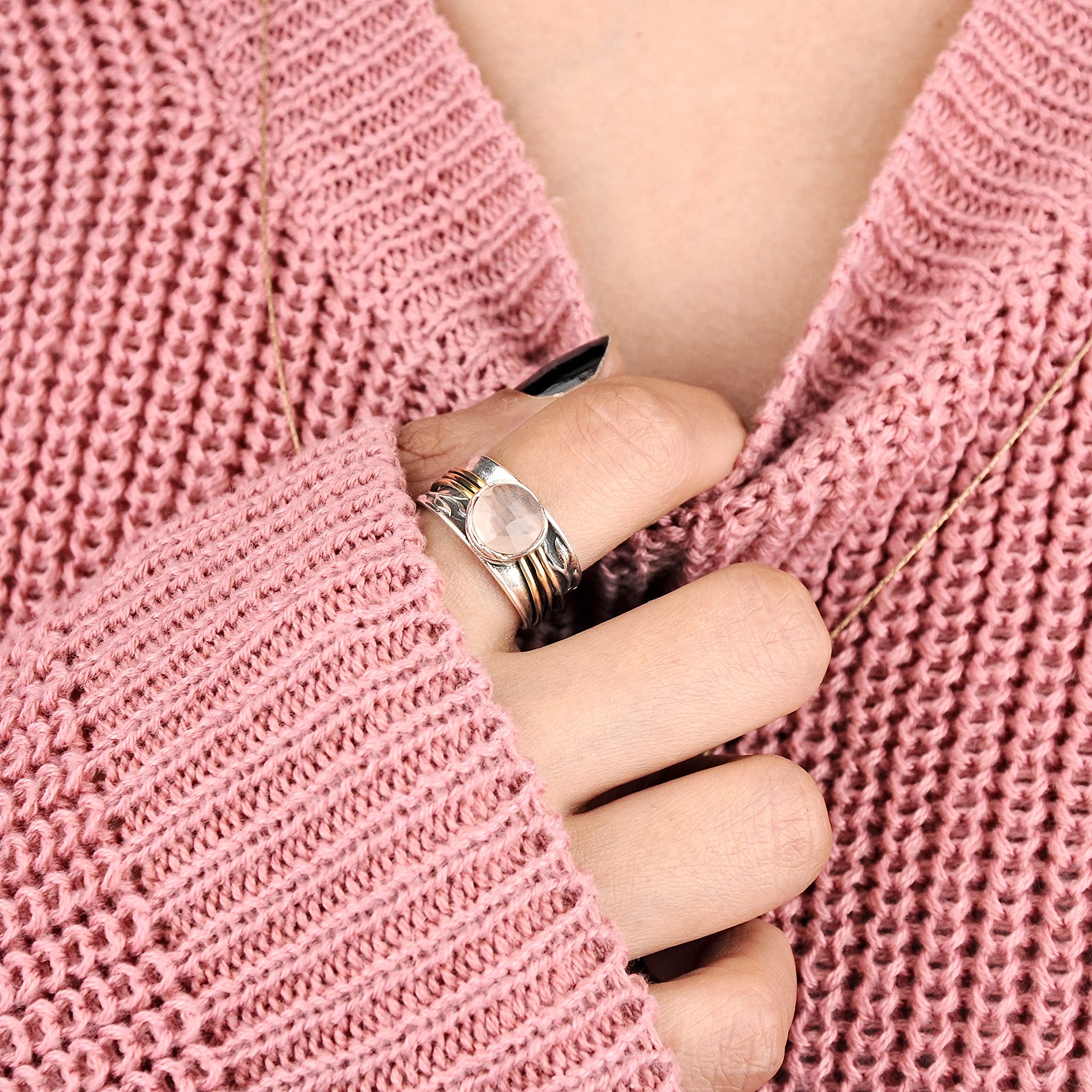 Boho-Magic 925 Sterling Silver Rose Quartz Leaf Spinner Fidget Ring for Women Pink Gemstone (10)