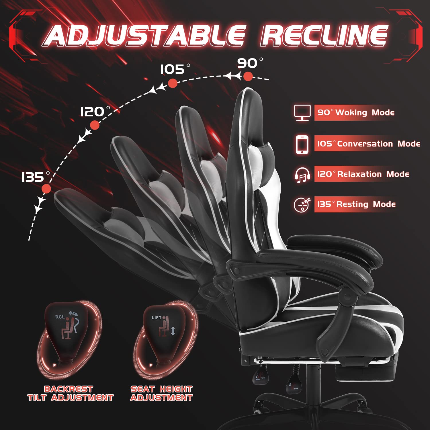 Shahoo Gaming Chair with Footrest and Massage Lumbar Support, Video Racing Seat Height Adjustable with 360°Swivel and Headrest for Office or Bedroom, Red and Black