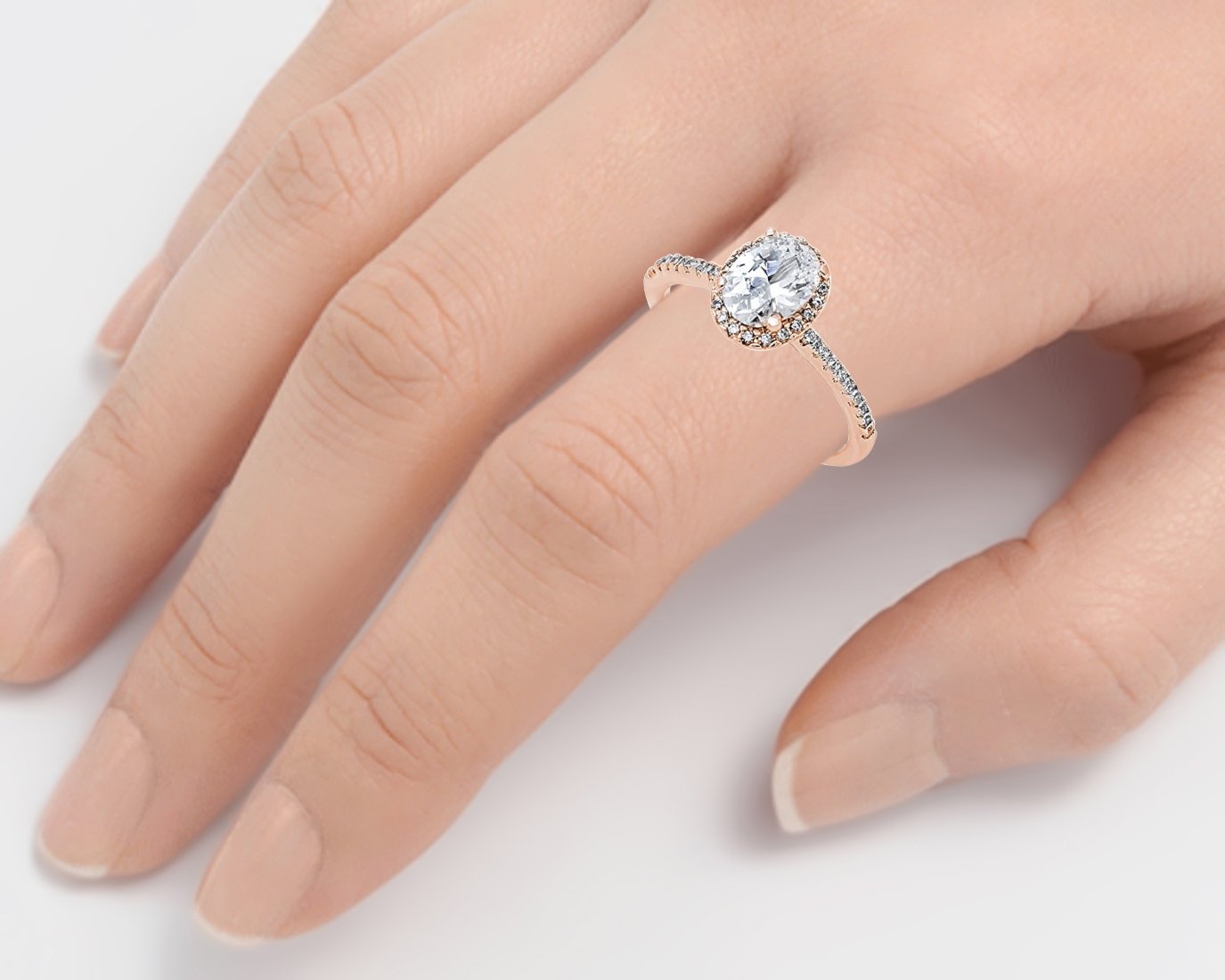 Blue Apple Co. Accent Halo Wedding Promise Ring Oval Cut Round Simulated Cubic Zirconia Rose Tone 925 Sterling Silver, Size - 8