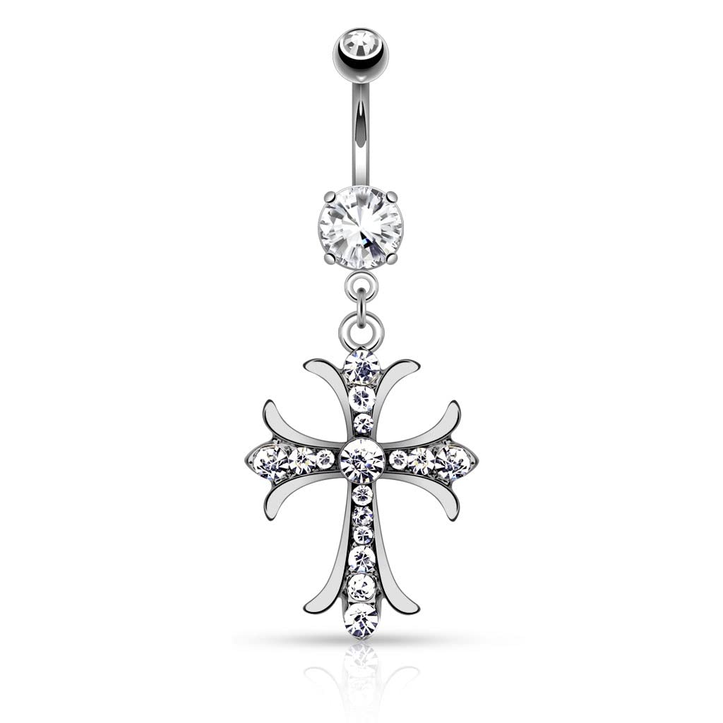 Body Accentz Belly Button Ring Celtic Cross with Paved Gems Dangle Navel Ring
