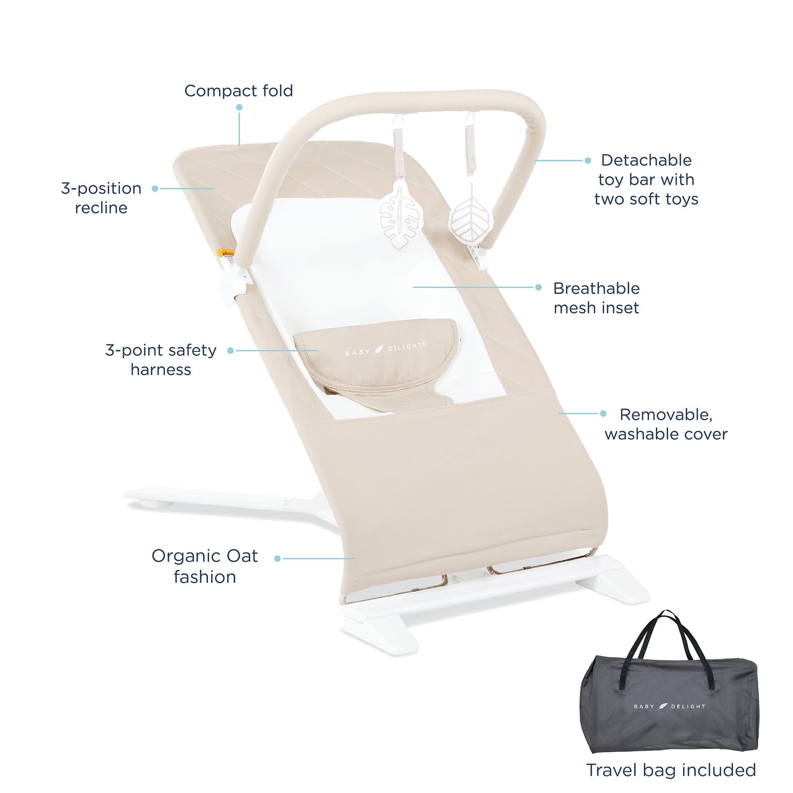 Baby Delight Alpine Deluxe Portable Bouncer, Infant, 0-6 Months, 100% GOTS Certified Cotton Fabrics, Organic Oat