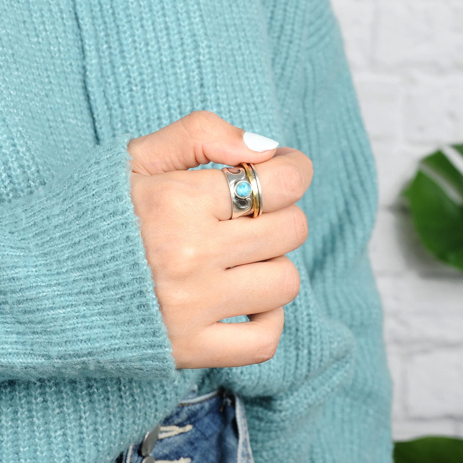 Boho-Magic 925 Sterling Silver Spinner Larimar Wave Ring for Women with Brass Fidget Ring Band (11)