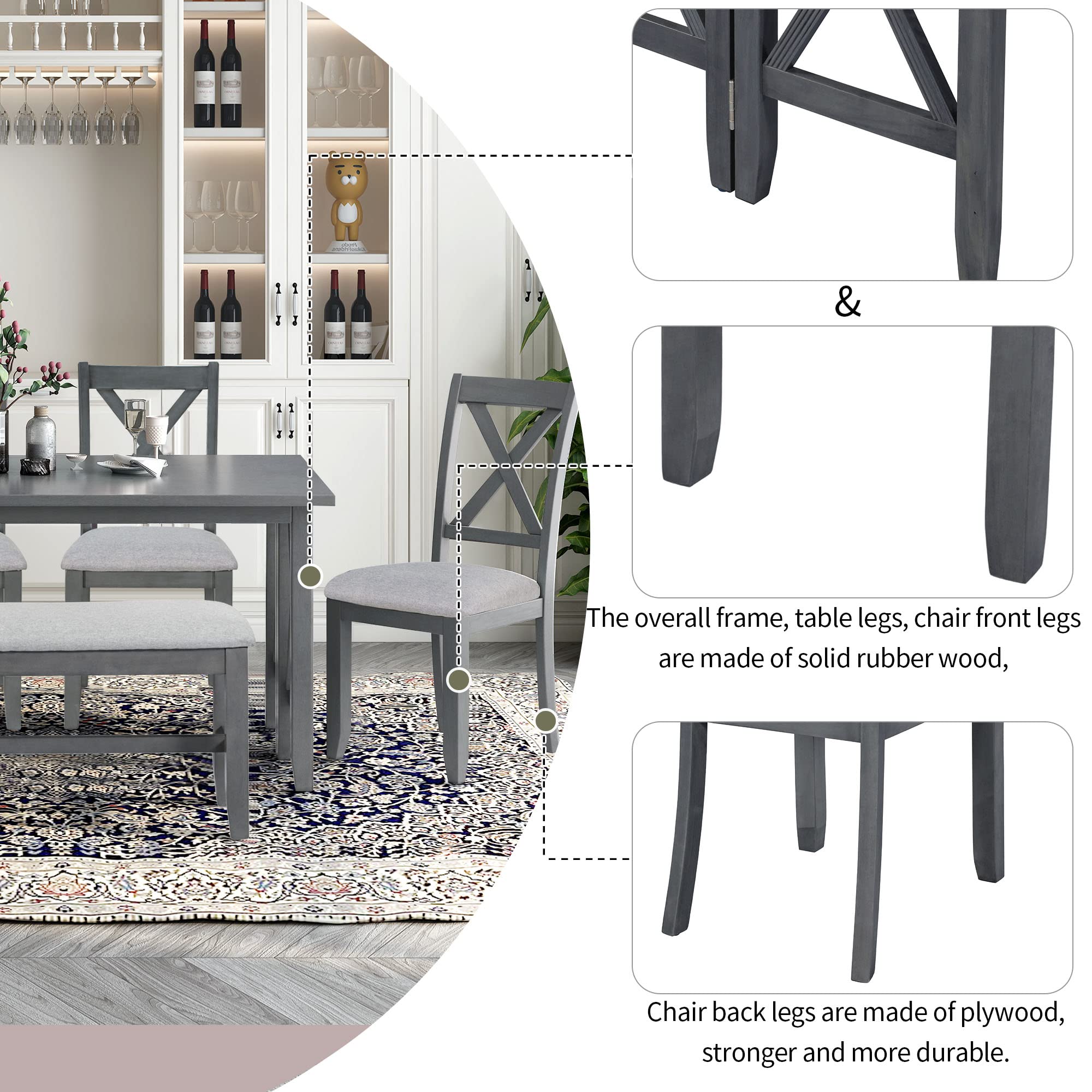 BIADNBZ 6-Piece Dining Table Bench, Foldable Tabletop and 4 Padded Chairs, Solid Wood Kitchen Furniture Set for DiningRoom, Gray