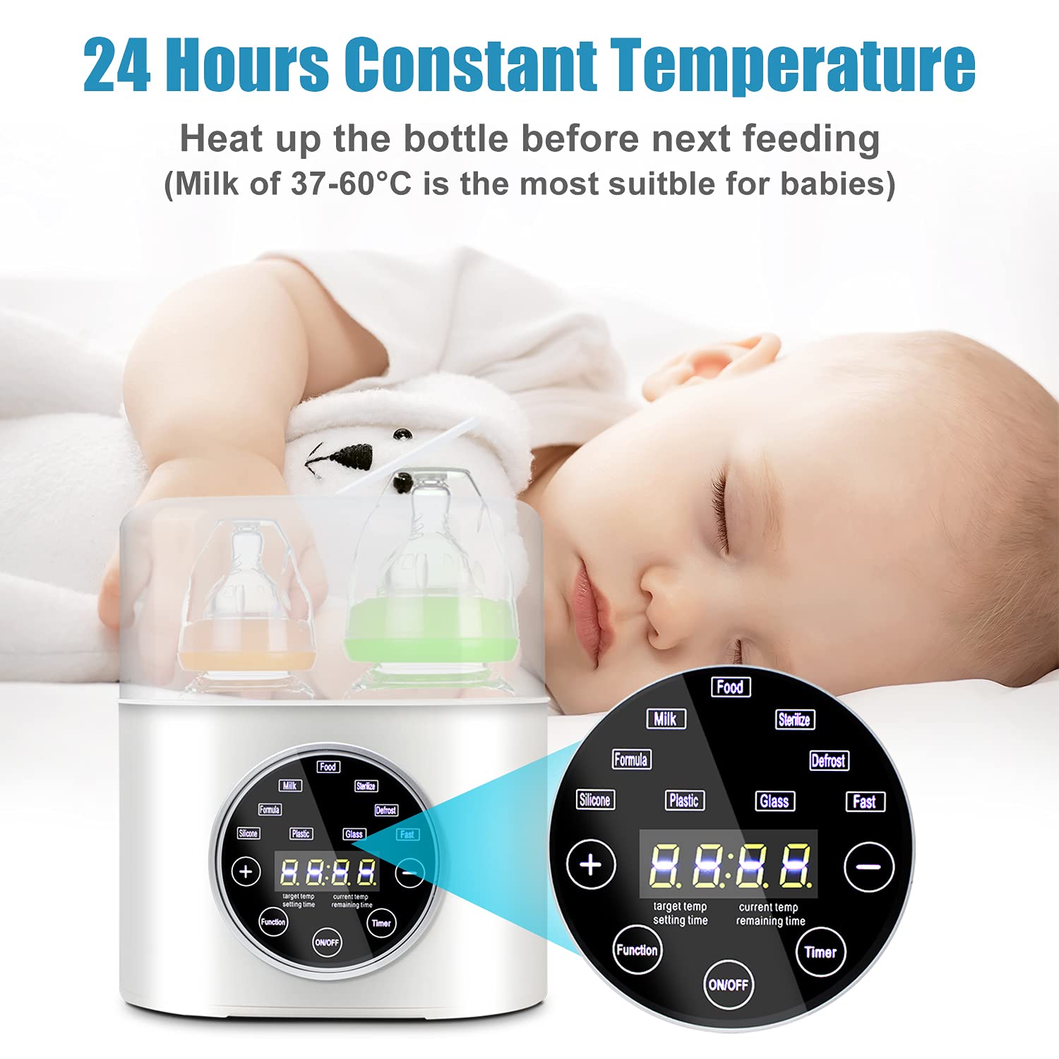 Bottle Warmer, CREPOW Fast Baby Bottle Warmer and Bottle 6-in-1 Fast Food Heater Defrost Warmer for Baby Milk Breastmilk Formula with LED Display Thermostat Timer Function